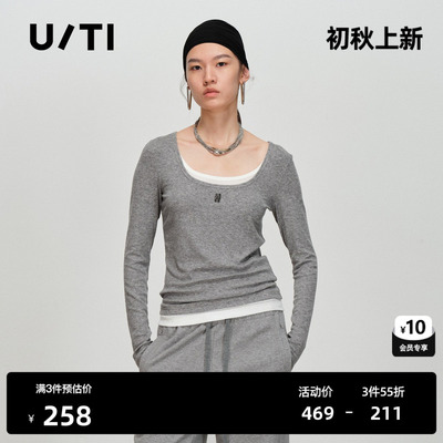 U/TI莱赛尔假两件长袖T恤女拼接修身低圆领打底尤缇2026春季新款