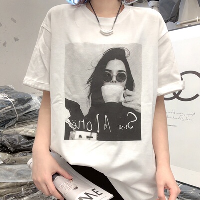 春季新款美式潮酷风印花T恤女短袖宽松时髦小众上衣显瘦白色402