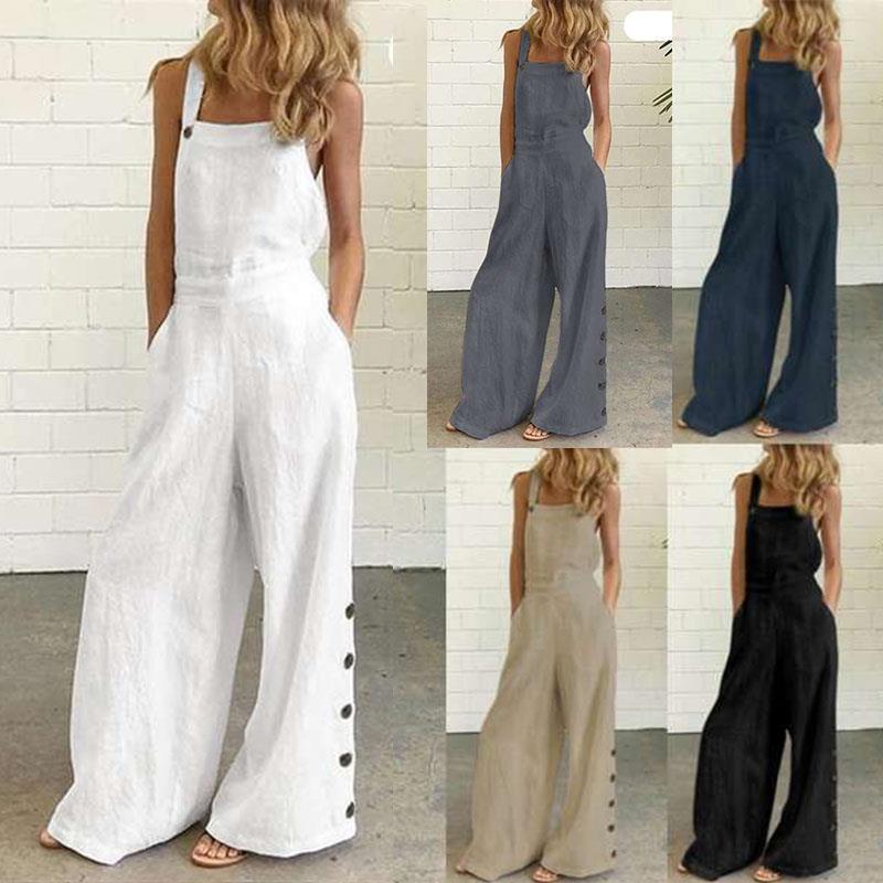Solid Color Sleeveless Buttoned Wide Leg Pants 带纽扣阔腿裤