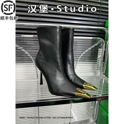 牛皮版细跟短靴女杨树林同款时尚复古风加绒弹力瘦瘦靴辣妹金属头