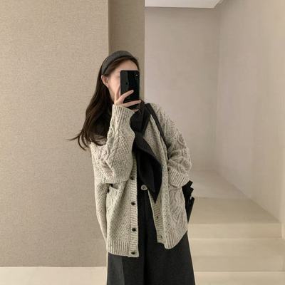 poisooo-杂色设计羊毛开衫保暖毛衣(配披肩)（含100羊毛）PSM5174