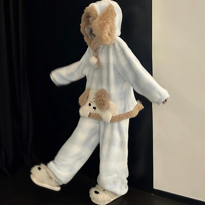 趣味小狗连帽珊瑚绒冬季睡衣女