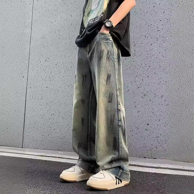 美式复古水洗做旧阔腿牛仔裤男款宽松直筒高街潮牌休闲垂感长裤子