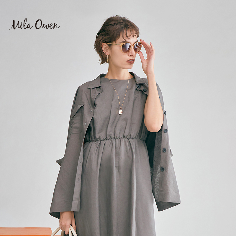 Mila Owen春季日系时尚纯色麻制休闲长袖POLO领衬衫女均码多色_虎窝淘