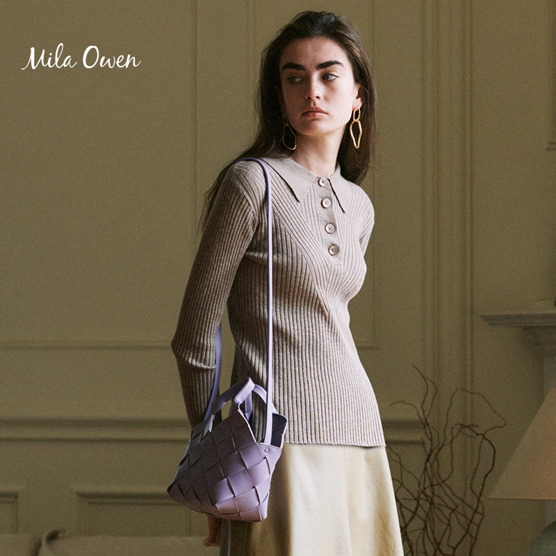 Mila Owen秋季新款修身POLO领长袖罗纹针织衫上衣女_虎窝淘