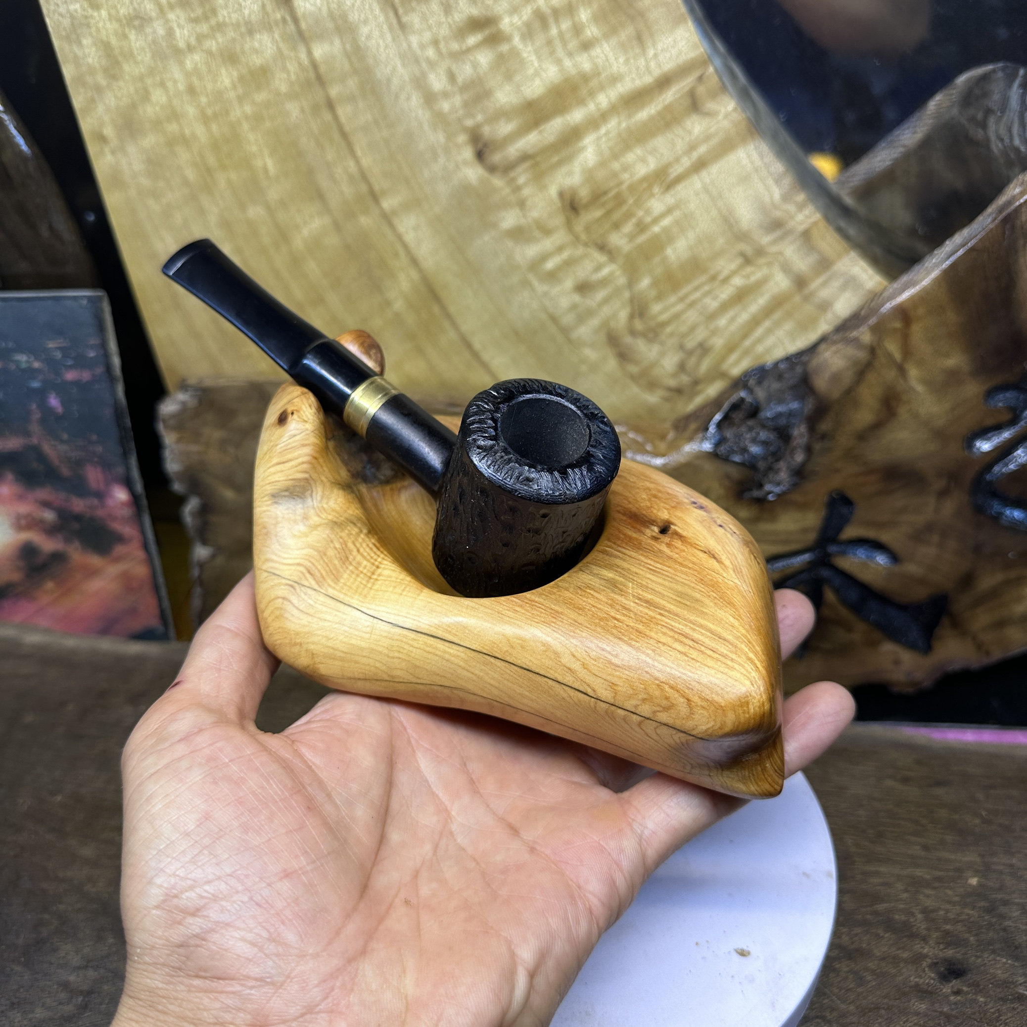手工随型太行崖柏单位烟斗架实木一体大中号直弯烟斗展示支架座