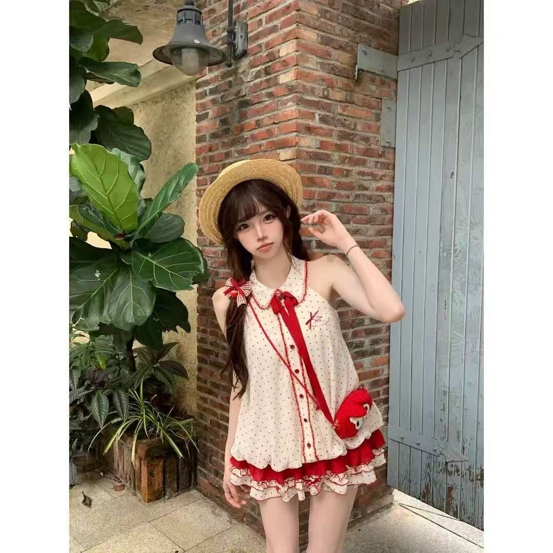 清仓 红色波点翻领背心坎肩宽松花边蝴蝶结连衣裙