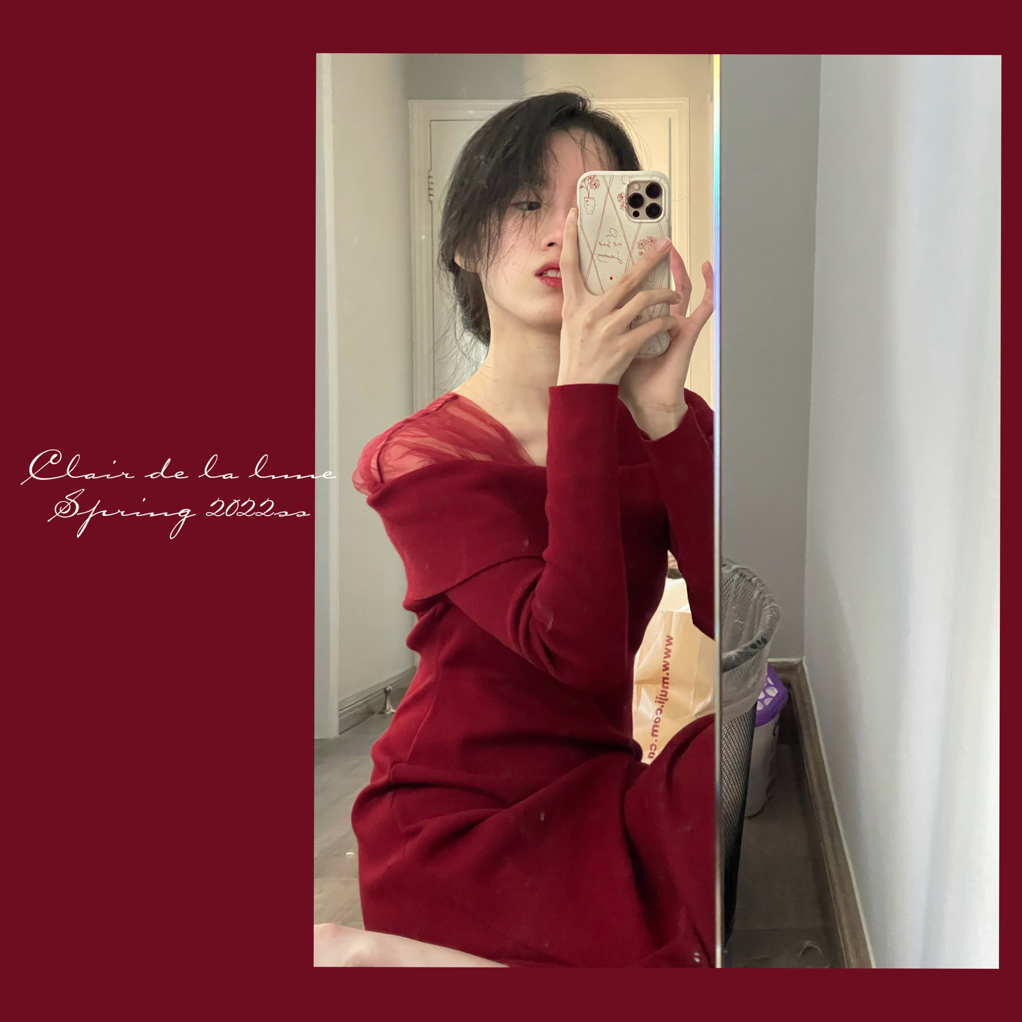 Clair de la lune_《馥郁宝石红》小众设计款肩部拼纱拜年连衣裙