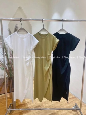 温柔气质收腰连衣裙棉纯色开衩