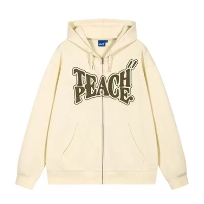Teach Peace复古美式字母贴布刺绣开衫 连帽拉链长袖卫衣男女同款