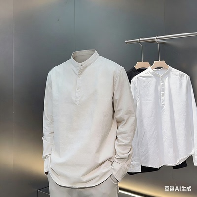杏色亨利领长袖衬衫男款秋季老钱风穿搭高级感polo衫美式衬衣外套