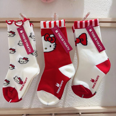 YKT伊卡兔正品儿童秋冬新款红色系KT猫可爱卡通中筒无骨纯棉7149