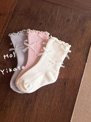 儿童袜子伊卡兔YKT秋冬新中筒坑条棉四季多个蝴蝶结素色公主7142