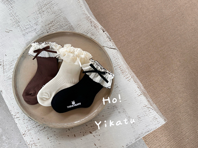 伊卡兔儿童袜子秋冬新款双针四季纯棉法式公主蝴蝶结花边舞蹈8126