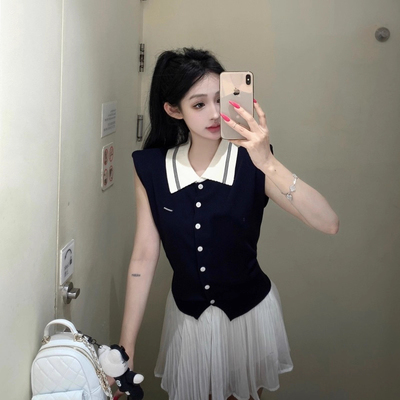 磨糯糯monoo专柜小香风时尚套装女学院风甜美减龄Polo领无袖背心