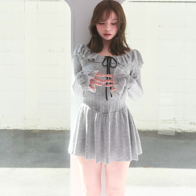 现货甜妹and约会mary收腰显胸纯欲灰荷叶长袖显瘦针织毛衣连衣裙