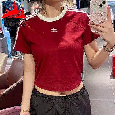 阿迪达斯三叶草女装2025夏三条纹修身纯棉短款运动短袖T恤 KF0314