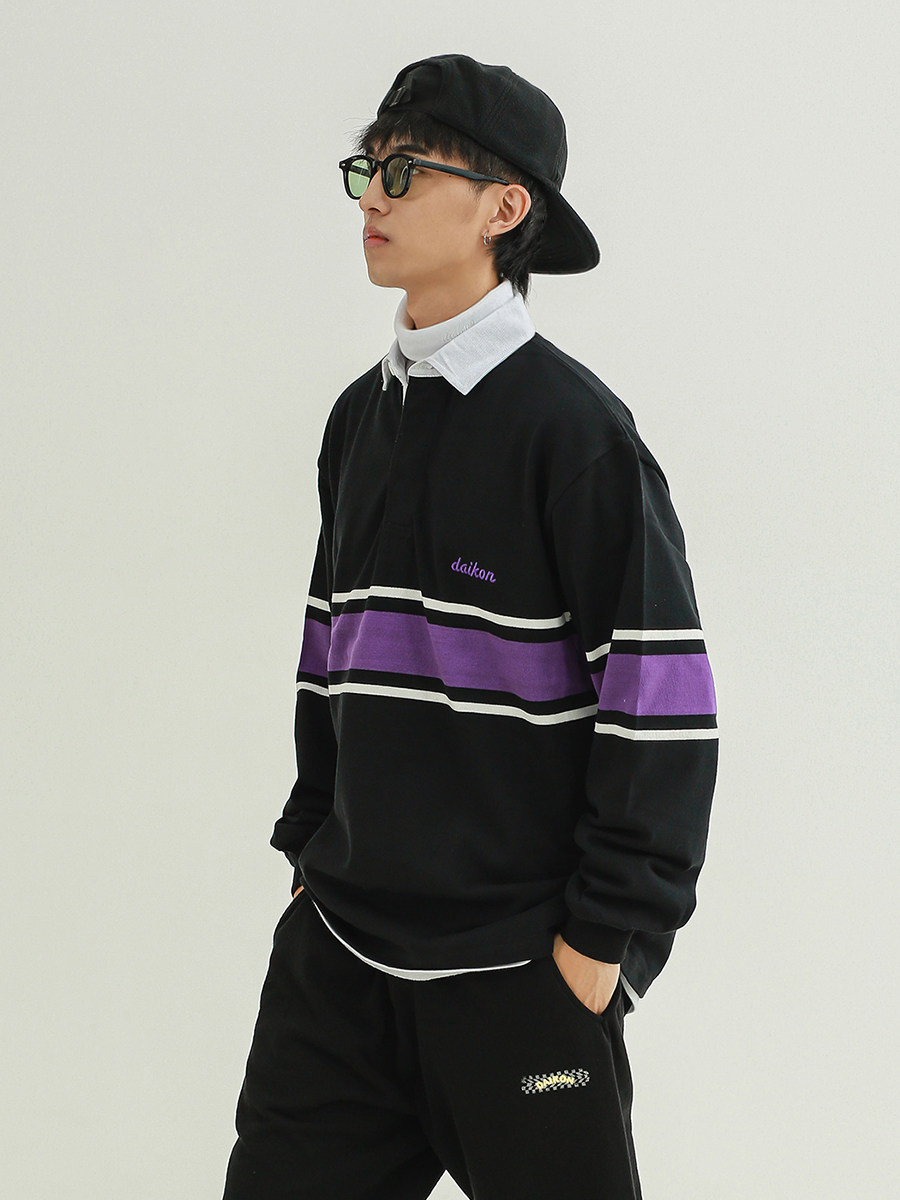 DAIKON 20/AW美式复古翻领卫衣宽松拼接条纹厚重长袖T恤POLO衫