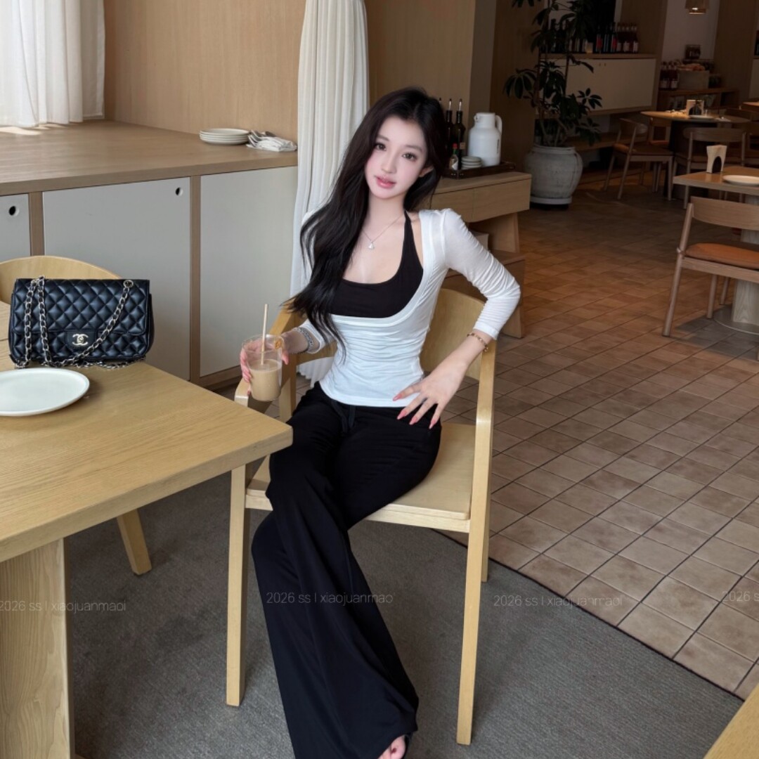 实拍实价慵懒姐姐薄款微透T恤上衣女夏挂脖吊带背心套装