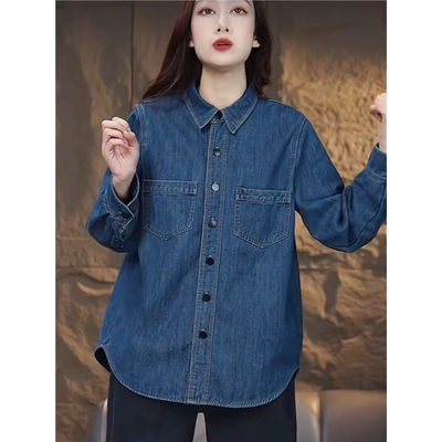 深蓝色复古软牛仔衬衫女