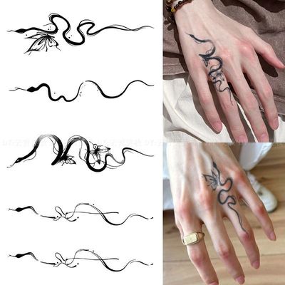 爆款黑色小蛇草本纹身贴高颜值蝴蝶防水半永久创意逼真刺青手指款
