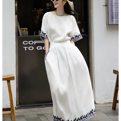 燃燃小众方得体白色亚麻刺绣短袖上衣+半身裙两件套套装Y20023