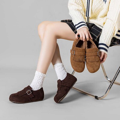 12398复古流苏勃肯鞋女2026秋冬季新款加绒加厚保暖平底浅口棉鞋