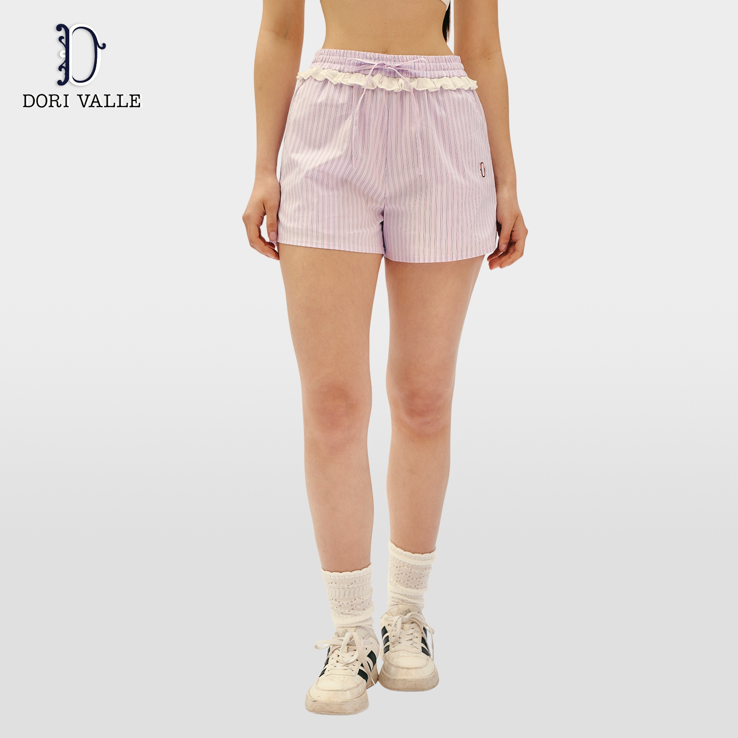 Dori Valle 甜美风粉色条纹刺绣短裤女夏蕾丝花边松紧腰外穿热裤