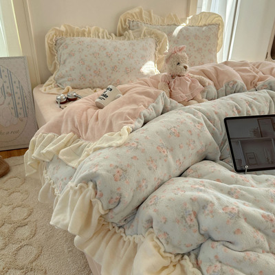法式公主风花边牛奶绒四件套