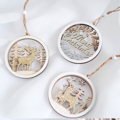 圣诞树挂件圆形木雕挂牌小鹿