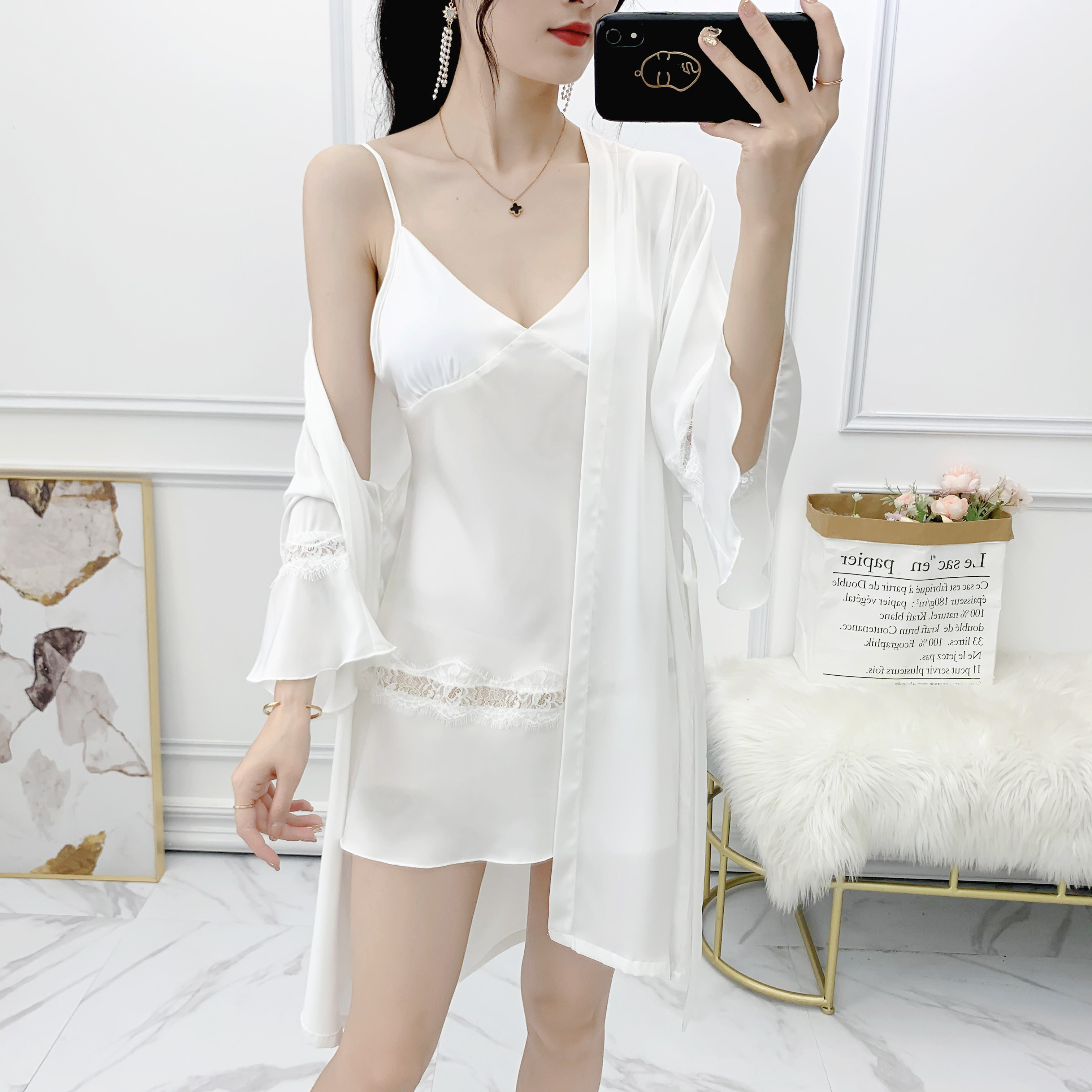 性感冰丝绸睡衣女夏蕾丝镂空双色睡裙睡袍长袖两件套家居服带胸垫