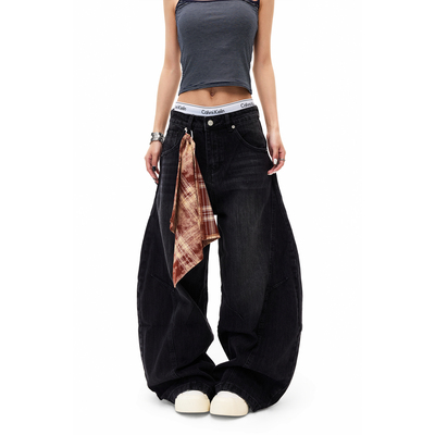 COLDSTONE 水洗格子方巾可拆卸弯刀牛仔裤设计感垂感阔腿长裤男女