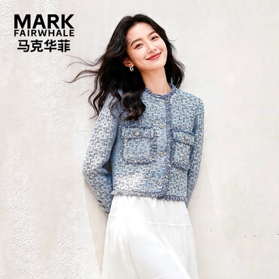 马克华菲女装复古小香风气质长袖外套女圆领粗花呢上衣Y64121B641