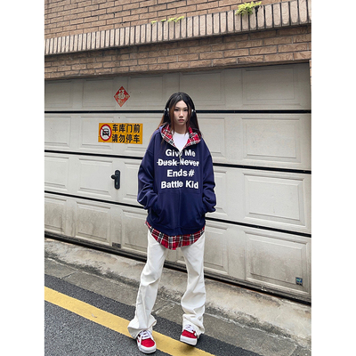 BCRA美式字母印花假两件拼接格子连帽卫衣男女秋季宽松情侣外套潮