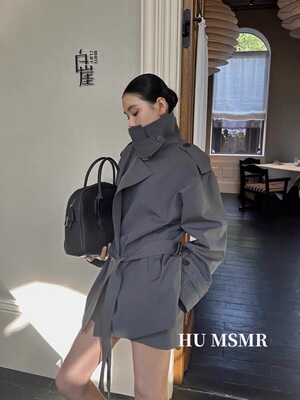 HU MSMR2025新款复古老钱风高级感休闲极简短款收腰风衣外套大衣