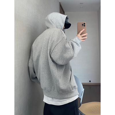 dannyandzee春季复古百搭纯色空气层廓形短款宽松连帽卫衣男帽衫