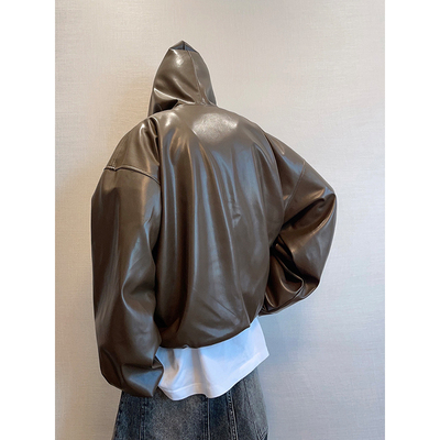 巧克力色丝滑PU皮卫衣