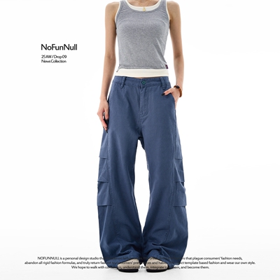 NUFUNNULL美式褶皱A字牛仔直筒裤