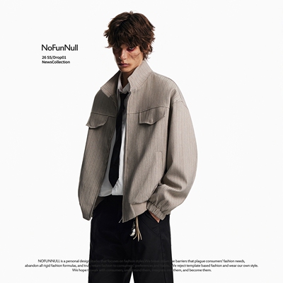 NOFUNNULL美式复古条纹翻领夹克