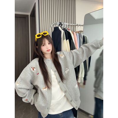 HandSeven2026新款秋季潮流韩版小狗绣花开衫宽松ins男女休闲卫衣