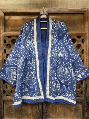 夏萨珑花香！蓝染秋季新款印度手工植物环保棉麻精致刺子绣日系袍