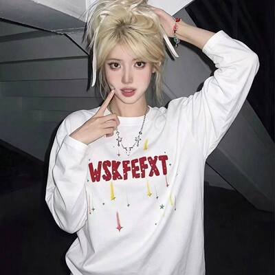 美式复古白色长袖宽松新款T恤女