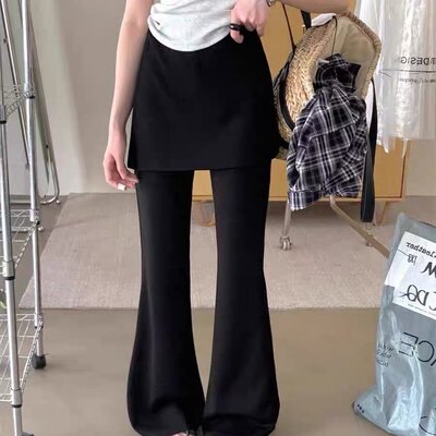 韩版 设计感屁帘拼接休闲裤女假两件高腰显瘦微喇裤长裤潮 6079