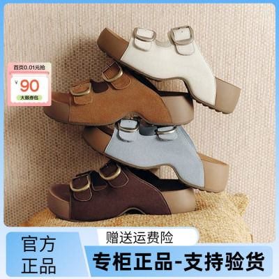 百丽牛皮增高女款勃肯一字拖