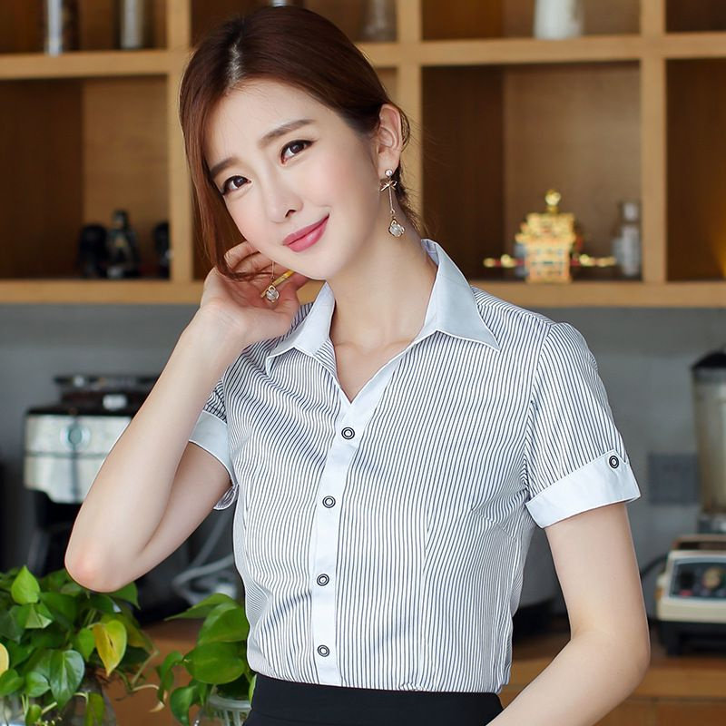 马蹄袖粗纹短袖修身显瘦白色衬衣女职业装时尚工作服正装宽松衬衫