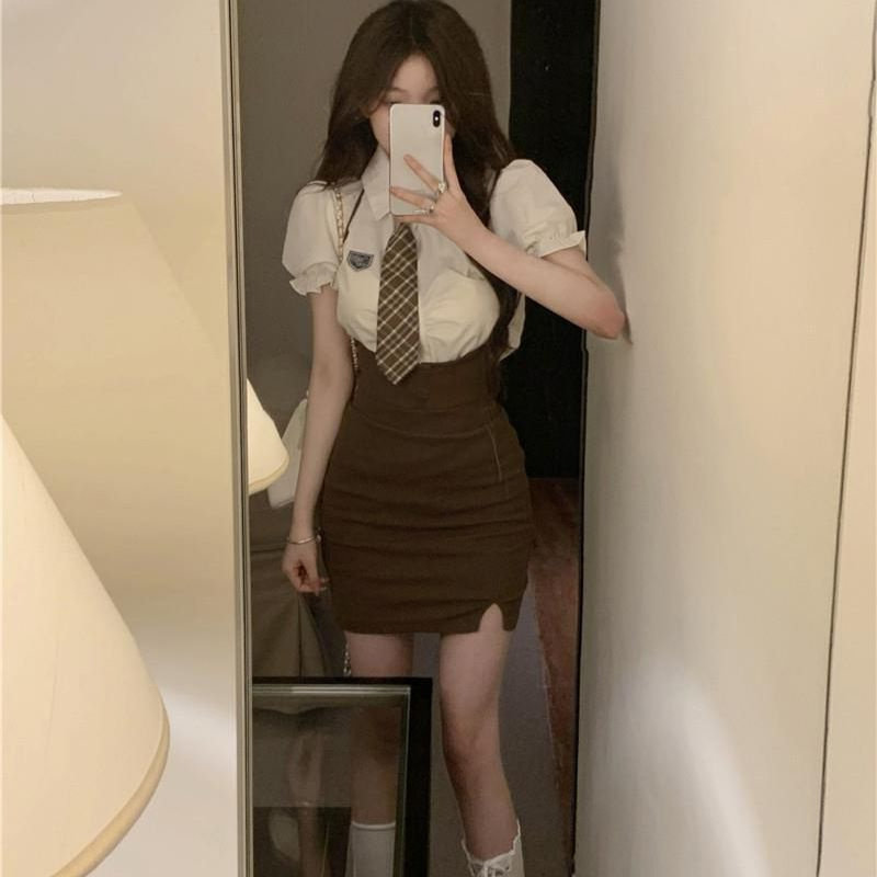 夏季学院风小个子背带裙收腰甜辣妹短裙别致裙子假两件连衣裙