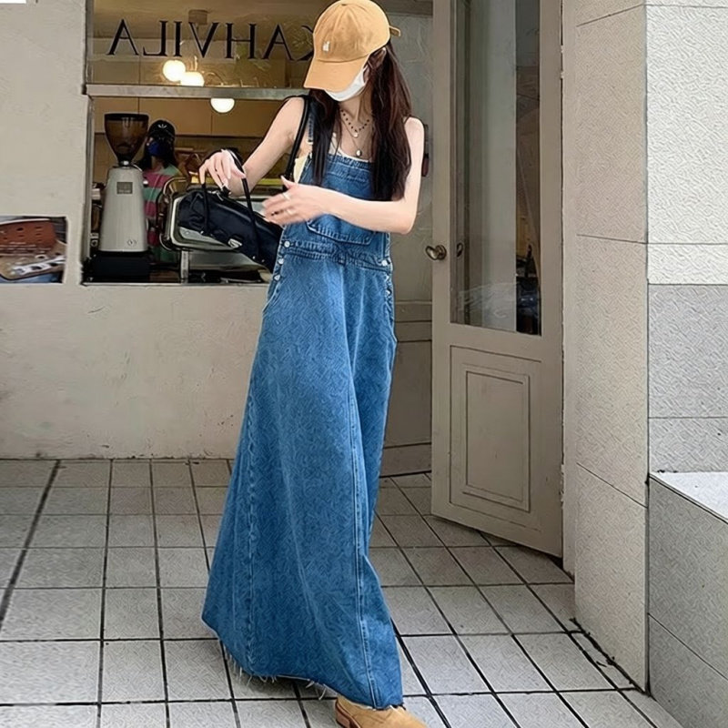 减龄显瘦背带裙牛仔连衣裙女秋季新款宽松高个子长裙蓝色裙子