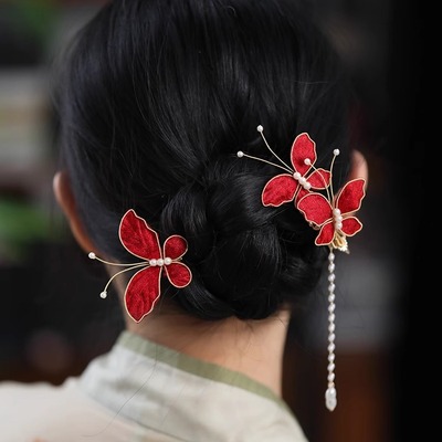 汉服配饰丸子头旗袍发钗布绒复古