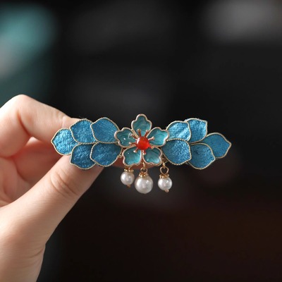 原创设计蓝色布绒古风夹子头饰发夹女侧边古典旗袍气质国风高级感