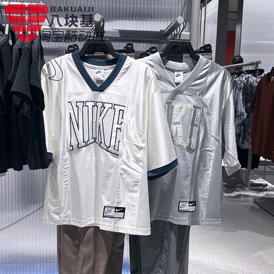 耐克女光泽感复古宽松V领短袖T恤